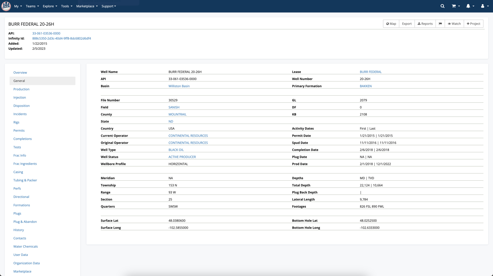 What data is shown on the well detail page?